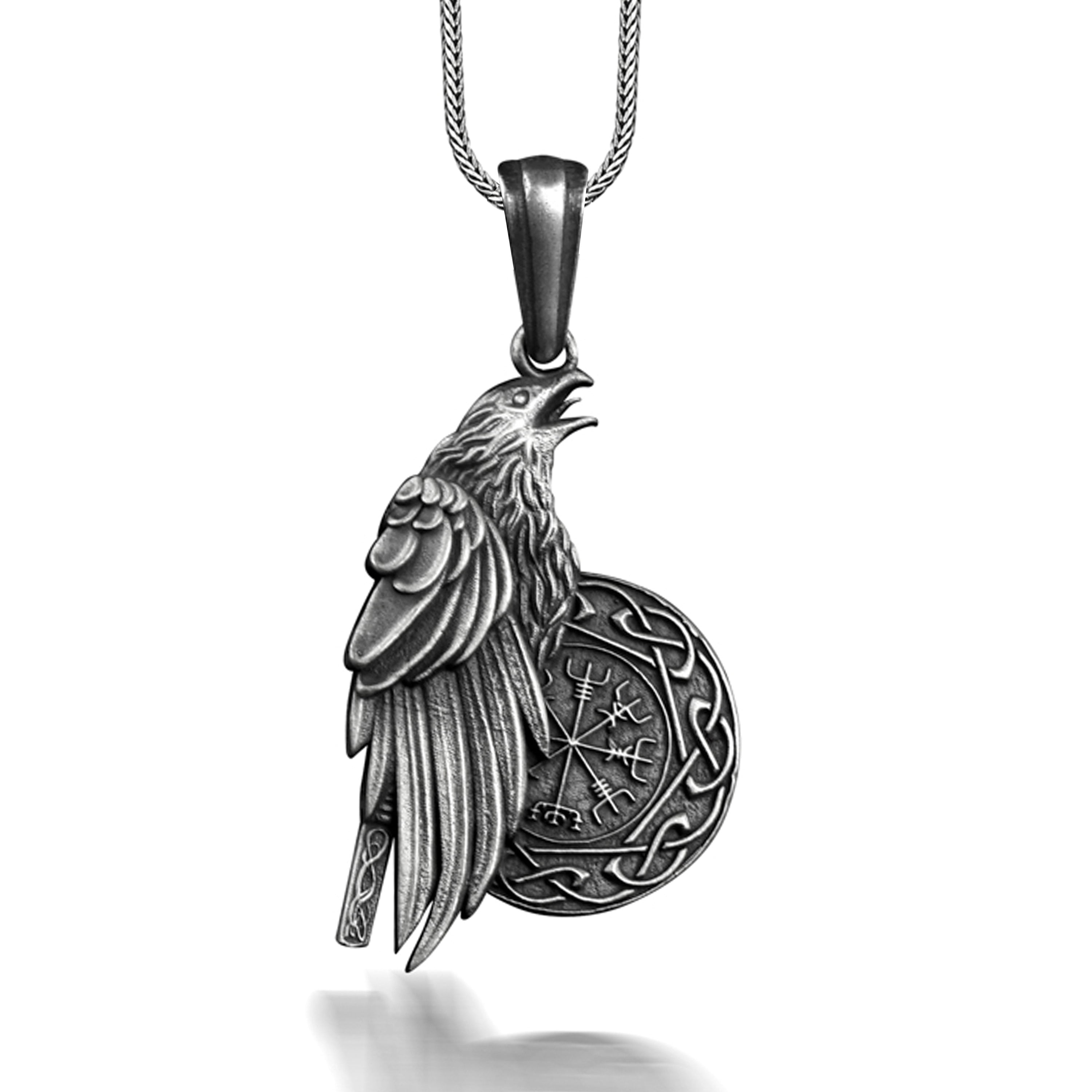 Raven with Vegvisir Norse Necklace, Crow on Viking Axe Pagan Necklace ...