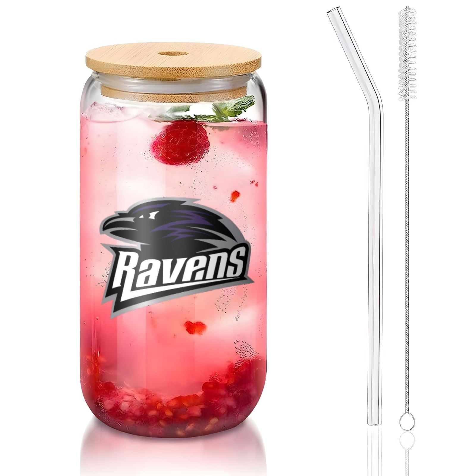 Ravens Football Team 16 oz Glass with Bamboo Lid and Straw, Iced Coffee ...