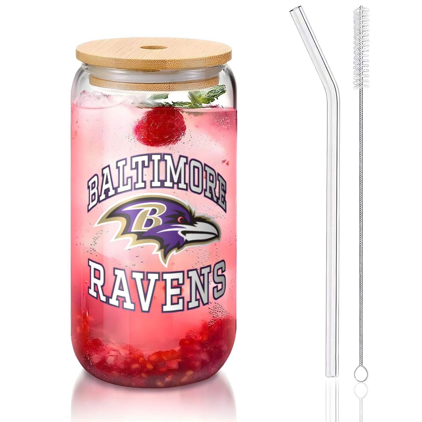 Ravens Football Team 16 oz Glass with Bamboo Lid and Straw, Iced Coffee ...