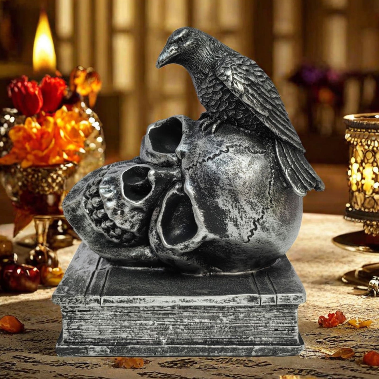 Ravens Skull Home Decor - Resin Book Shelf Decor with Skeleton Statues ...
