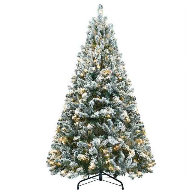 5Ft Pre-Lit Hinged Artificial XMAS Pine Tree w/ Snow Flocked Branches ...