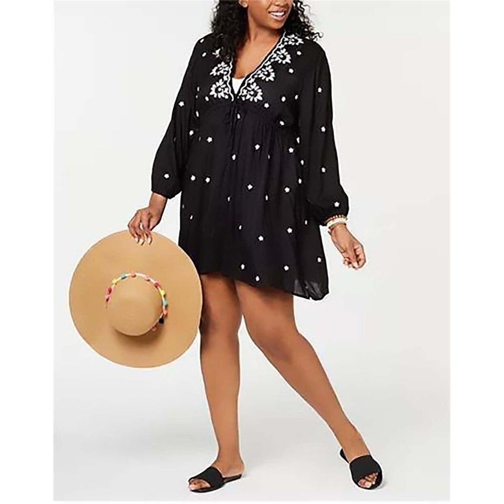 Raviya Embroidered Long Sleeve Swimsuit Cover Up Dress, BLACK, 0X New ...