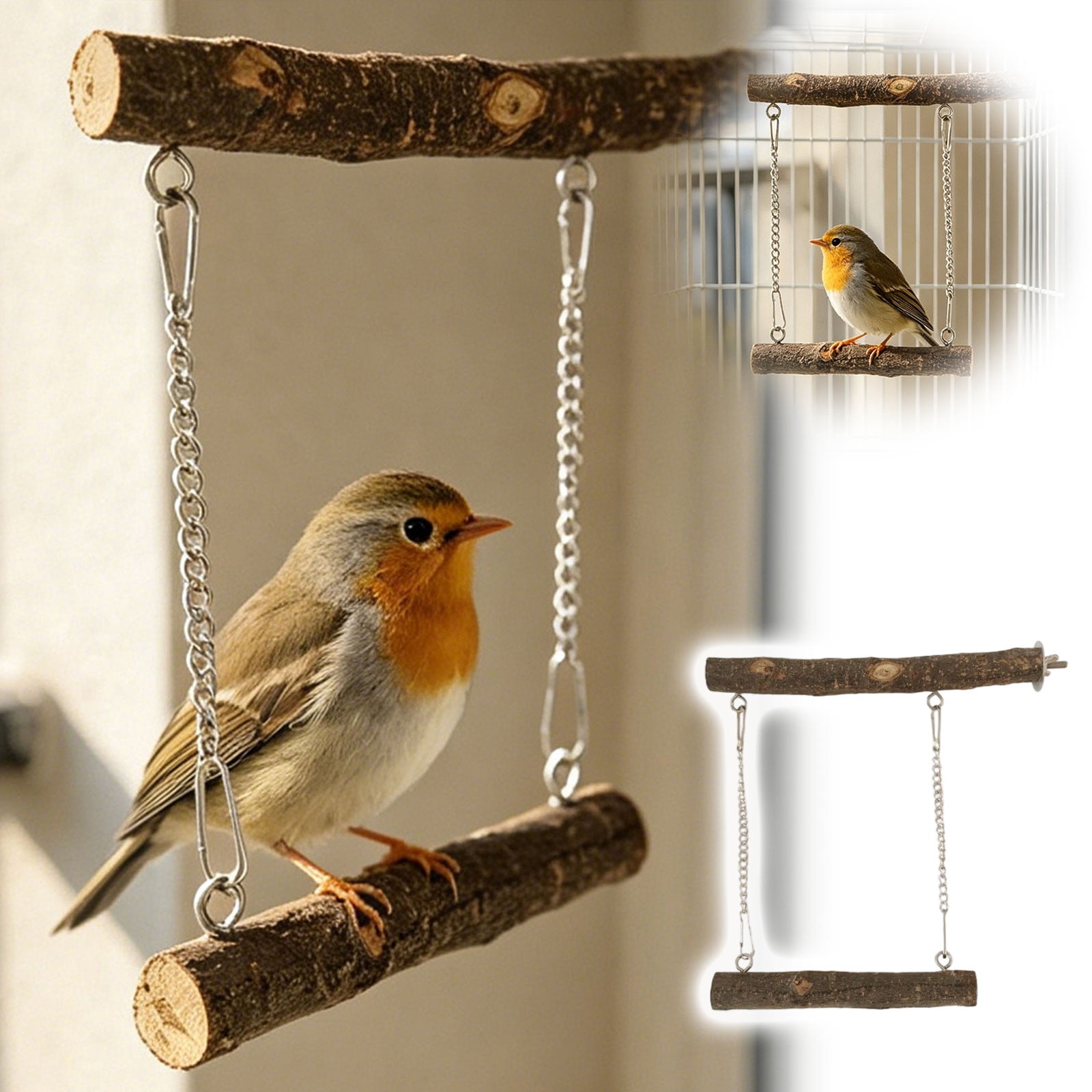 Raw Bark Natural Wood Dual Rod Parrot Hanging Swing Perch, Metal Linked ...
