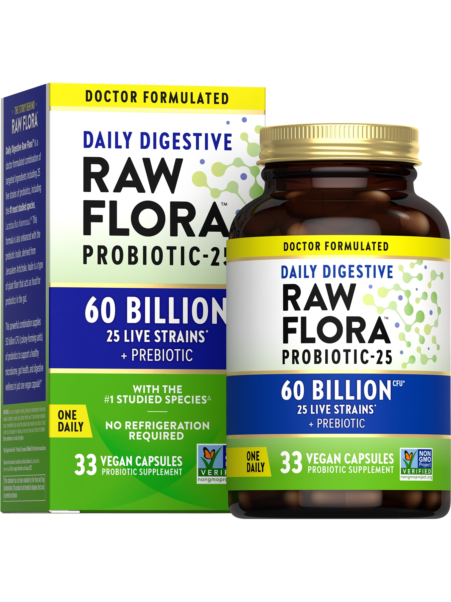 Raw Flora Probiotic with Prebiotics | 60 Billion CFU | Daily Digestive Vegan Capsules | by ...
