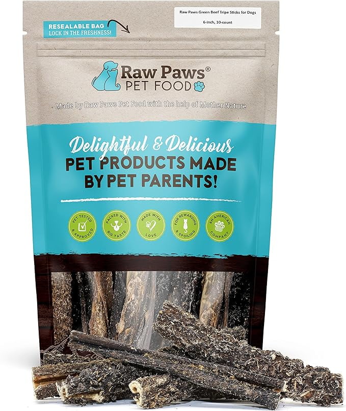 Raw Paws 6-inch Beef Green Tripe Sticks for Dogs, 10-Pack - Packed in USA - Dried Tripe Dog ...