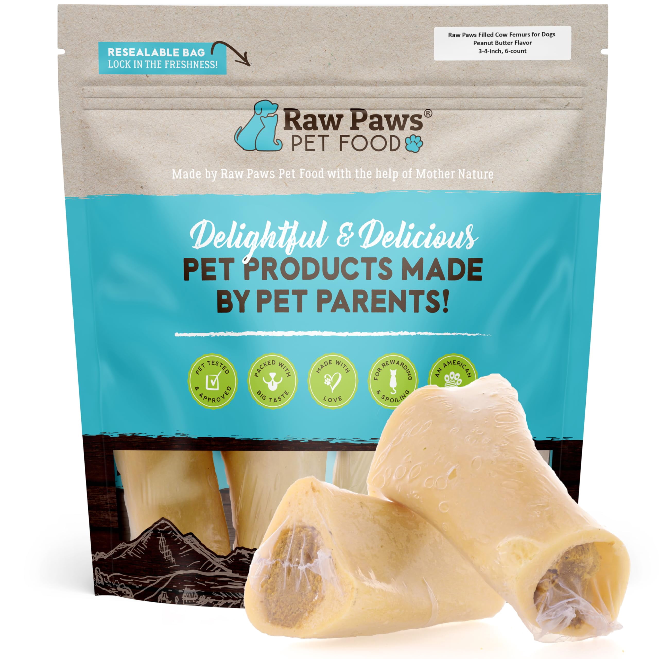 Raw Paws FilledEGSC Cow Femurs for Dogs - Peanut Butter Flavor, 3-4", 6 ...