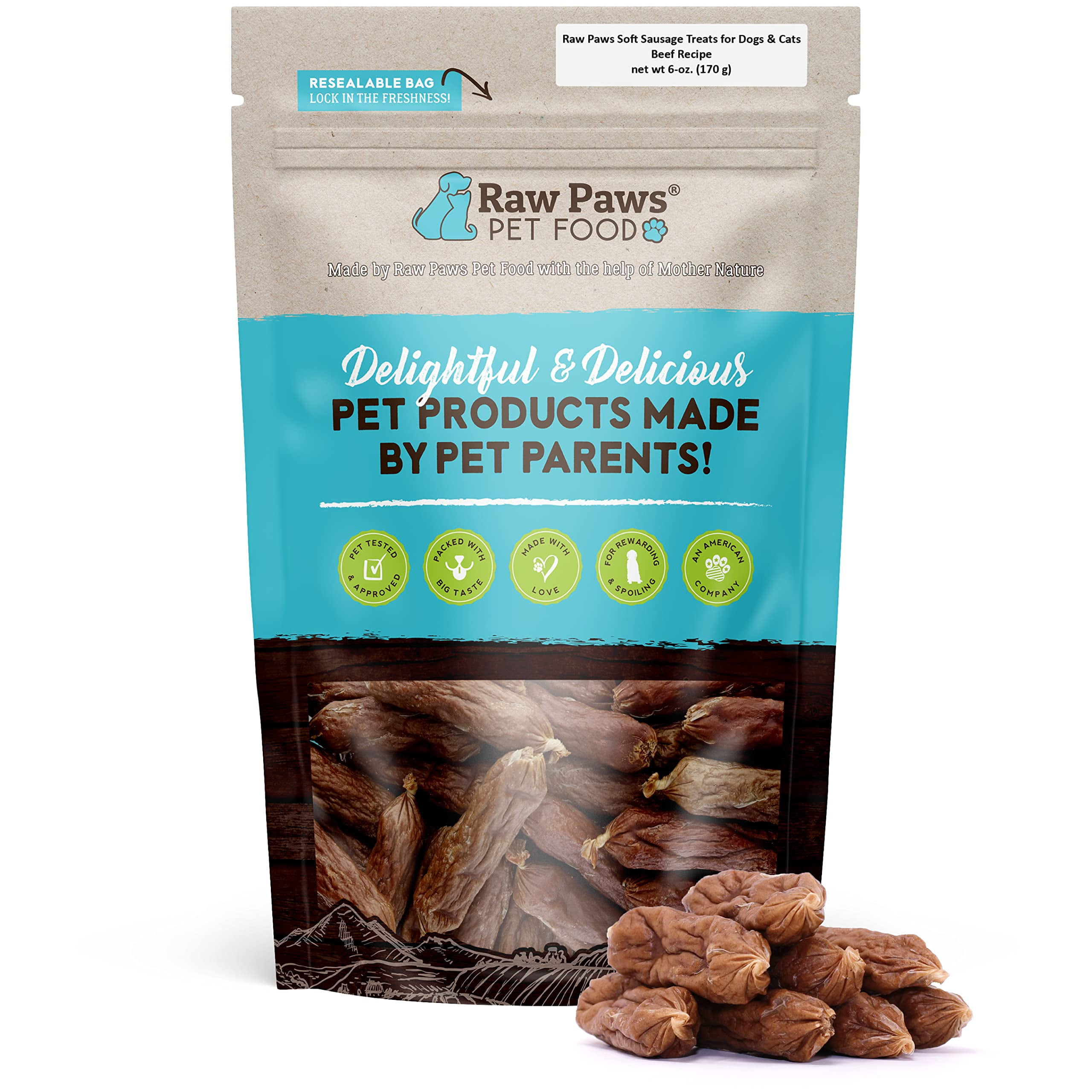 Raw Paws Grain-Free Soft CCF19 Sausage Treats for Dogs & Cats - Beef ...