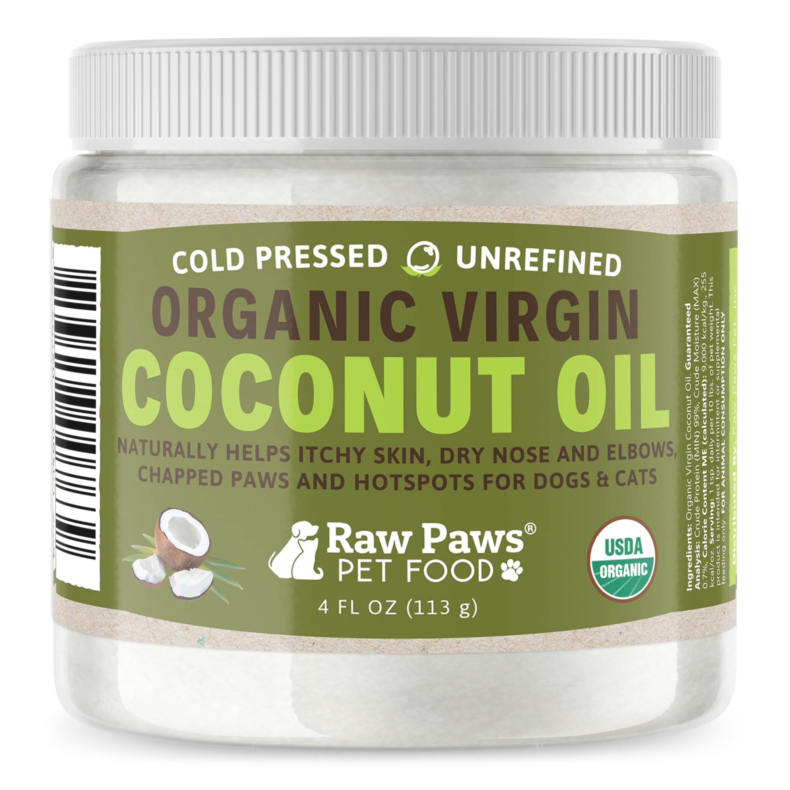 Raw Paws Virgin Organic STF9 Coconut Oil for Dogs & Cats, 4-oz ...
