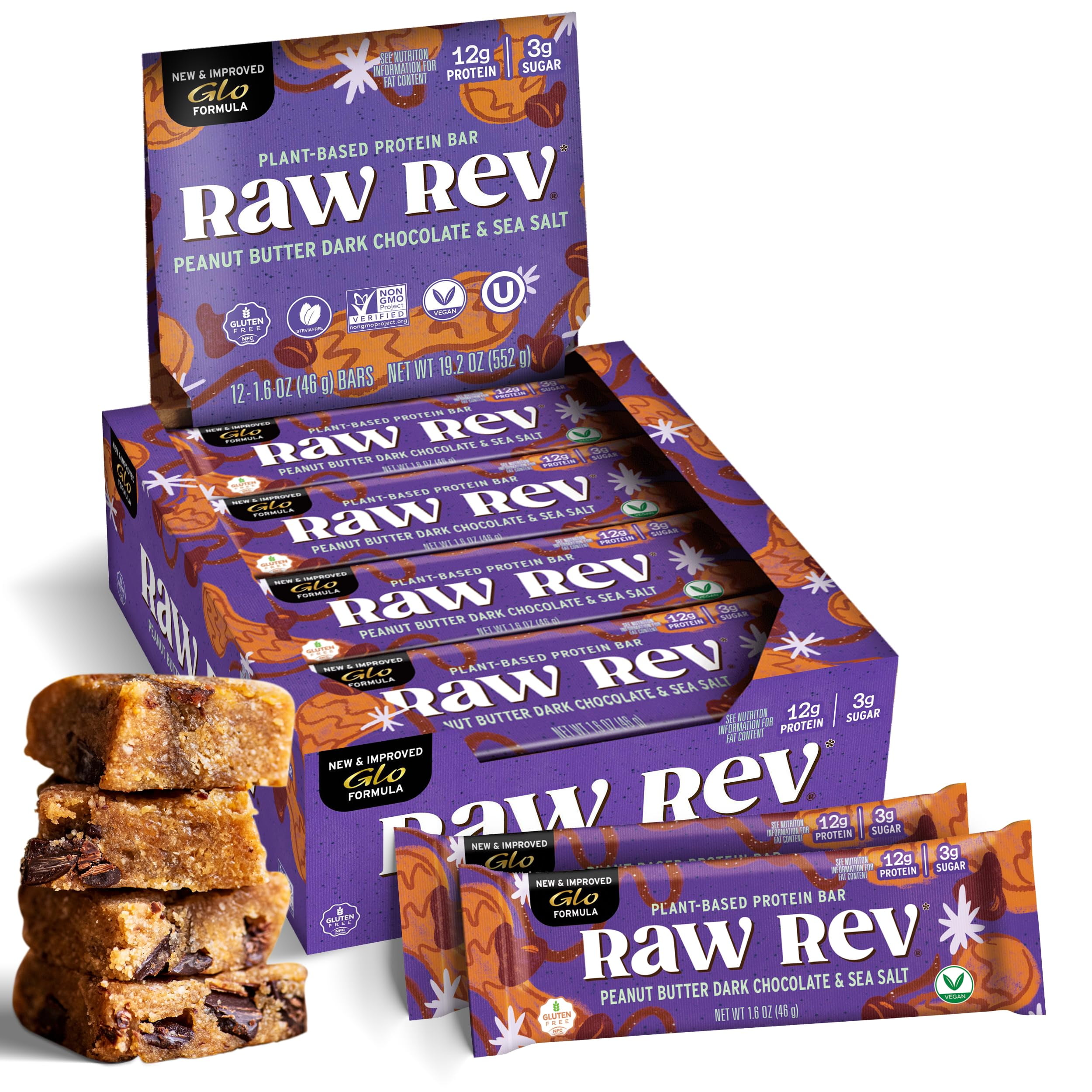 Raw Rev Vegan Protein Bars- Peanut NSD3 Butter Dark 12 bars, Non-GMO ...