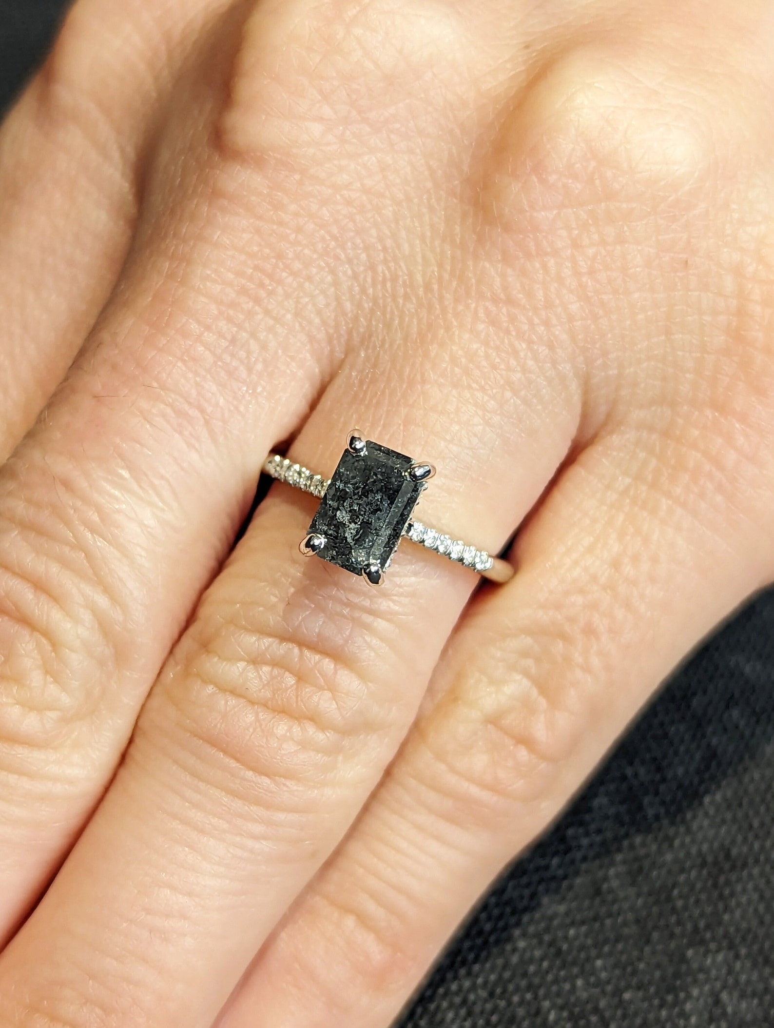 Raw Salt and Pepper Diamond, Emerald Diamond 925 Sterling Silver Unique ...