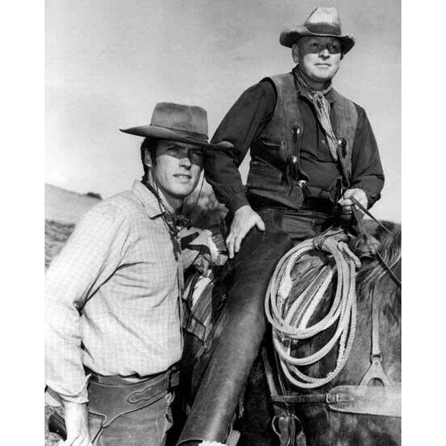 Rawhide TV series Don Hight on horse as Clint Eastwood stands by 11x17 ...