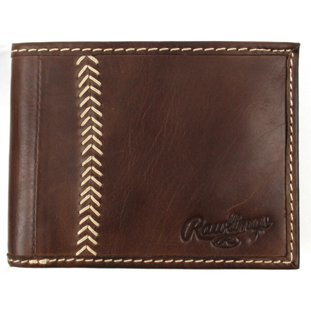 Rawlings Brown Calfskin Leather Bi-Fold Wallet with Baseball Stitch, 8 ...