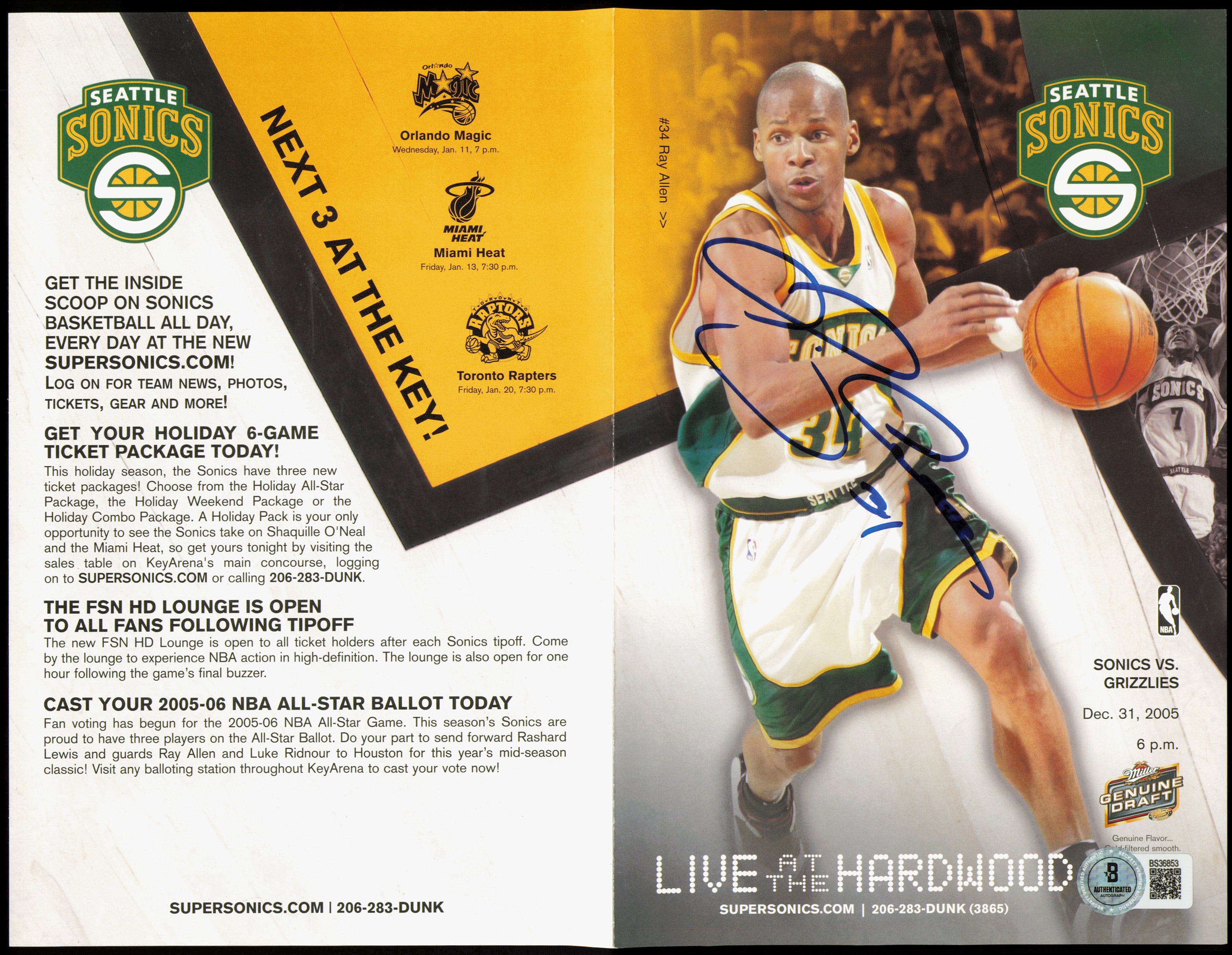 Ray Allen Autographed 8x10 Seattle Supersonics Pamphlet Beckett BAS QR ...