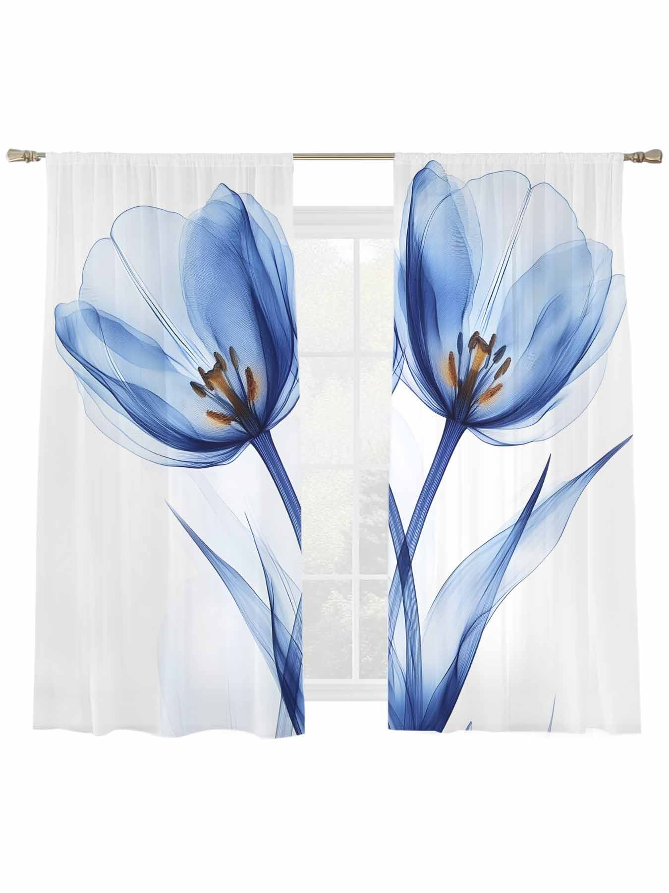 Ray Flower Sheer Curtains 2 Panels Set Abstract Blue Transparent Tulip ...
