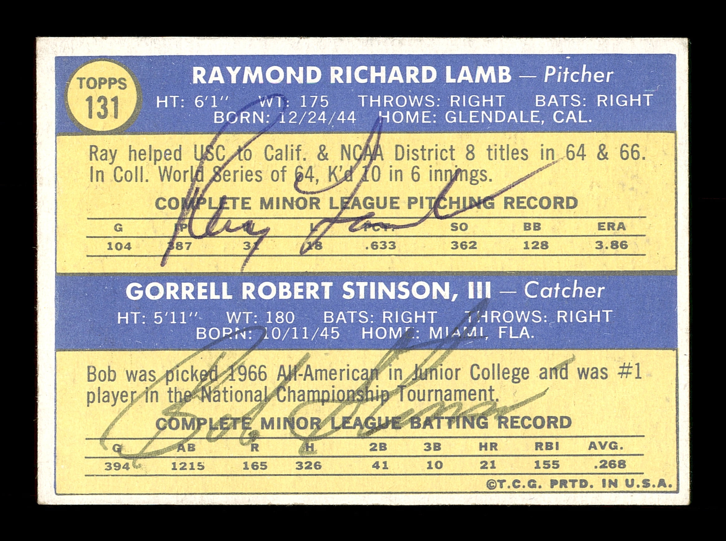 Ray Lamb & Bob Stinson Autographed 1970 Topps Rookie Card #131 Los ...