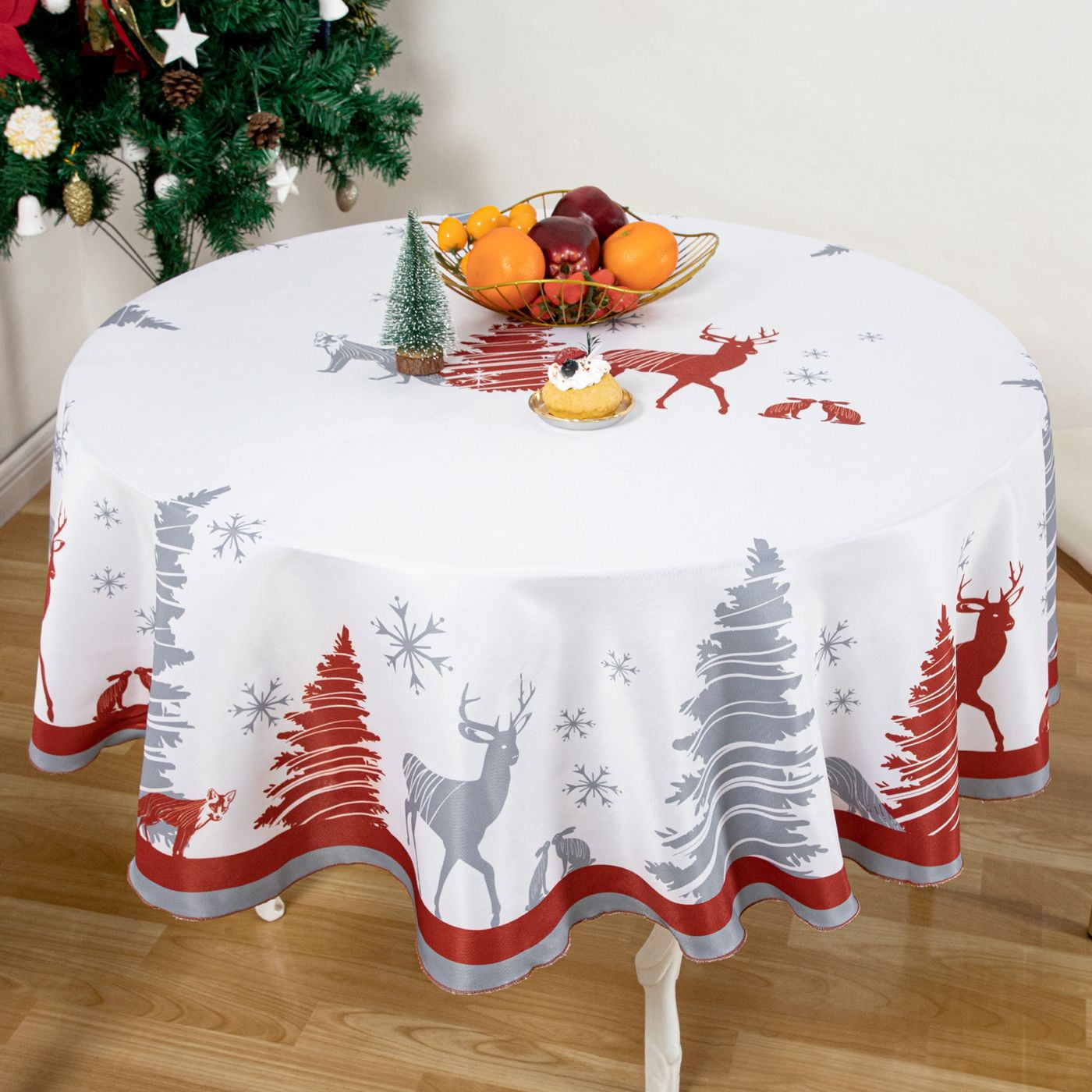 Ray Star Christmas Tablecloth White Round 60in Machine Washable Table ...