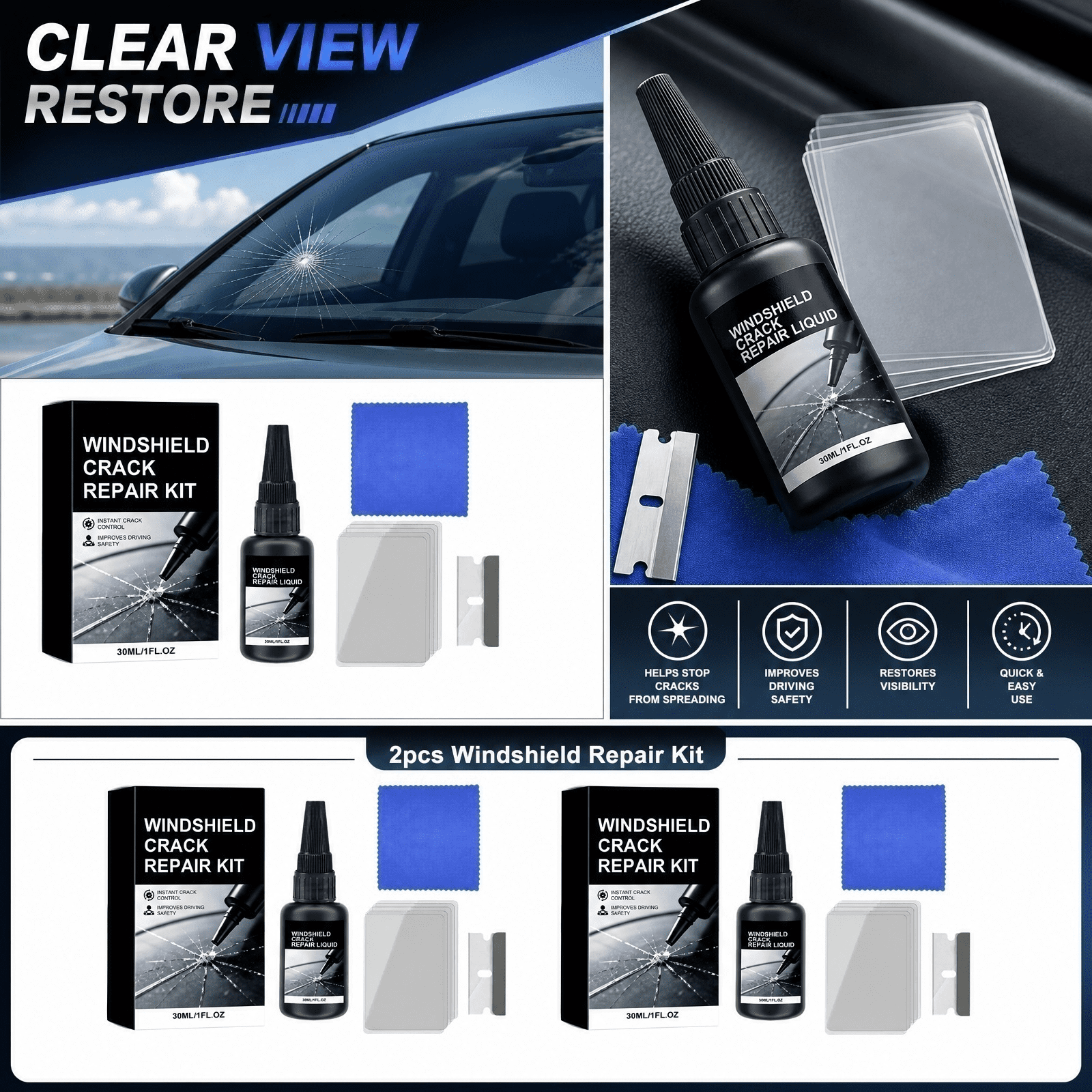 RayHong Windshield Crack Repair Kit, for Chips and Cracks, Car Glass ...