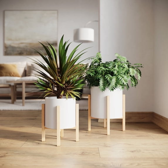 Raya White Planter Pot With Kinsley Wood Planter Base - (Small & Medium ...