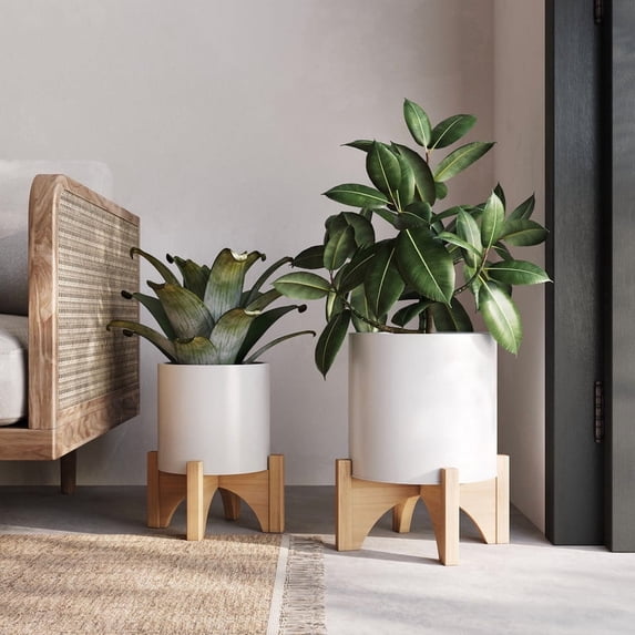 Raya White Planter Pot with Arch Wood Planter Base - (Small & Medium ...