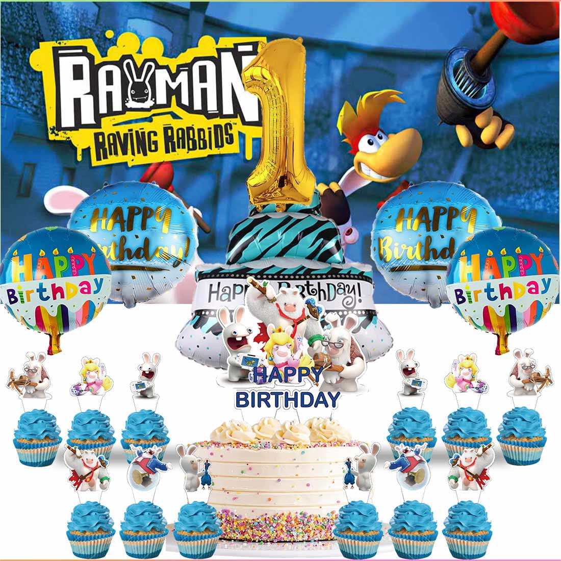 Rayman Raving Rabbids 1st Tableware Balloons Cake Toppers Backdrop ...