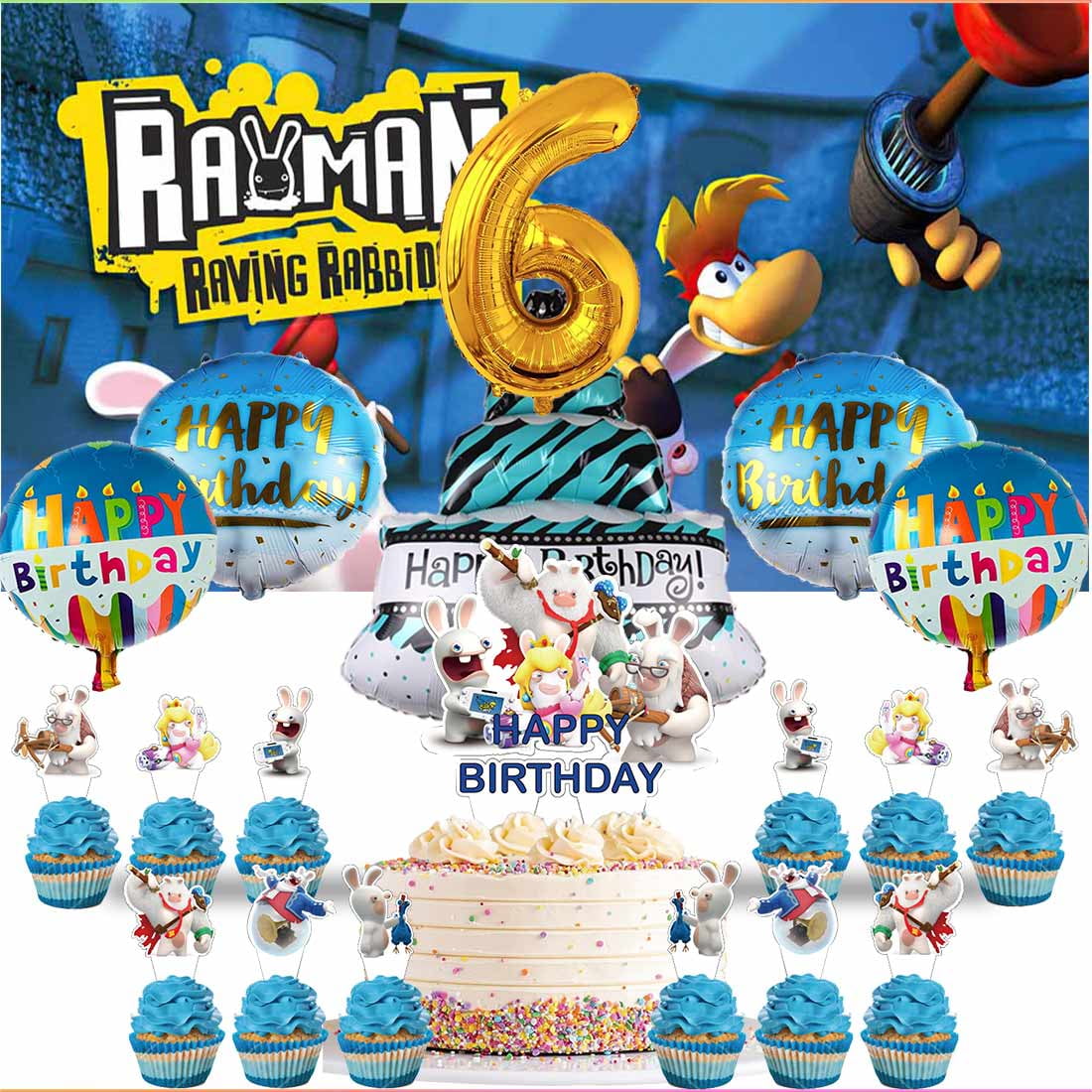 Rayman Raving Rabbids 6th Tableware Balloons Cake Toppers Backdrop ...