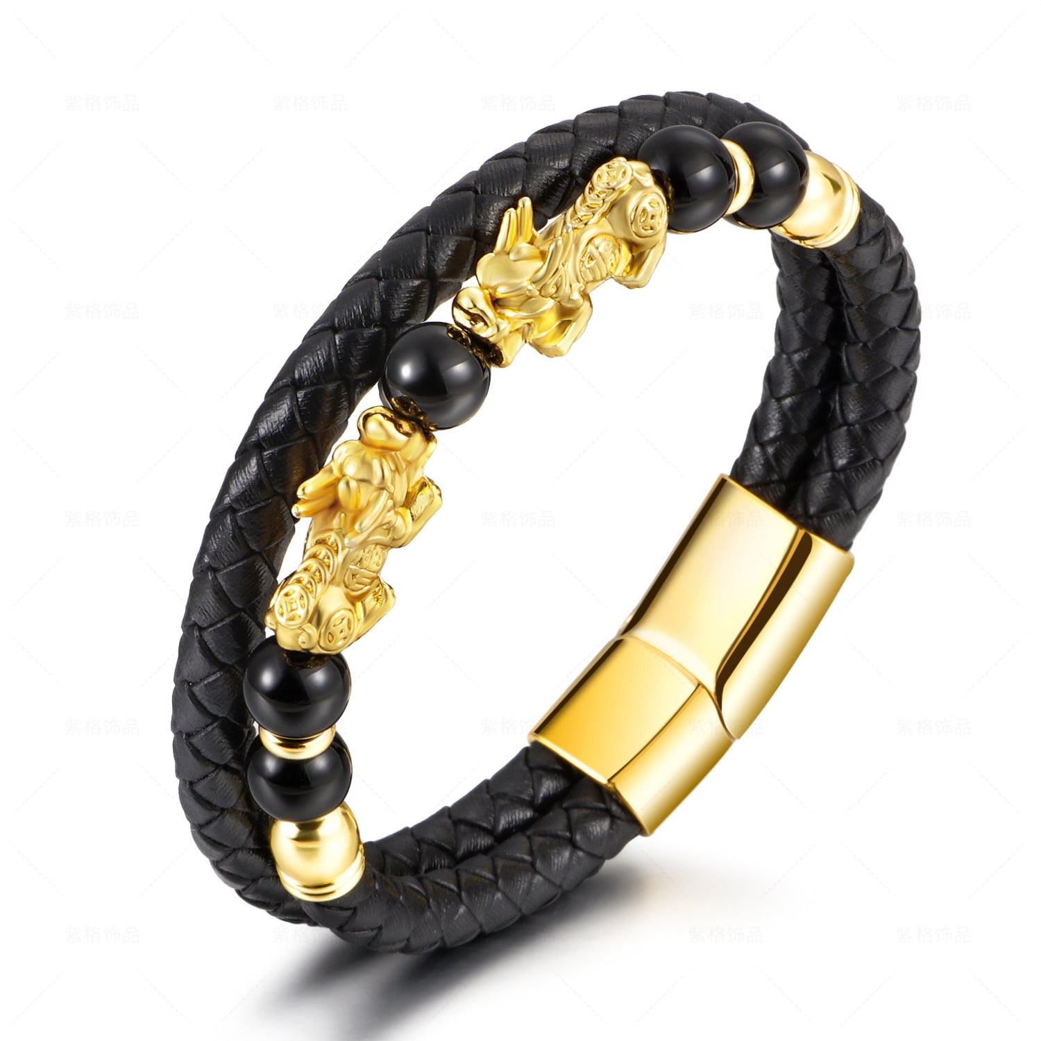 Raymard Feng Shui Good Luck Bracelets for Men Leather and Steel Dragon ...