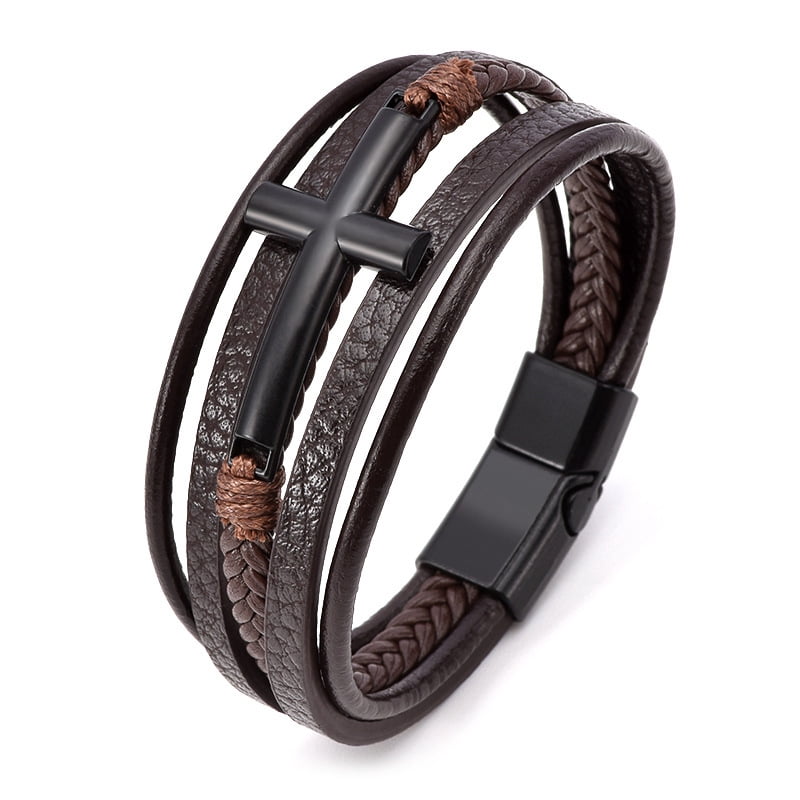 Raymard Leather Cross Bracelet for Men Brown Multi-Strand Braided ...