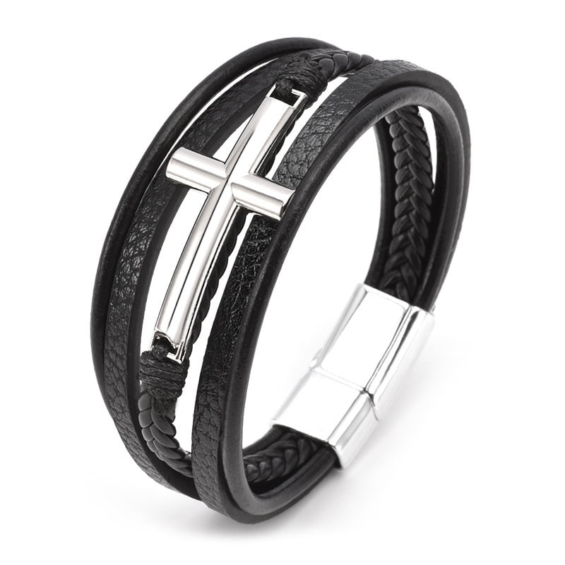 Raymard Leather Cross Bracelet for Men Multi-Strand Braided Bracelet ...