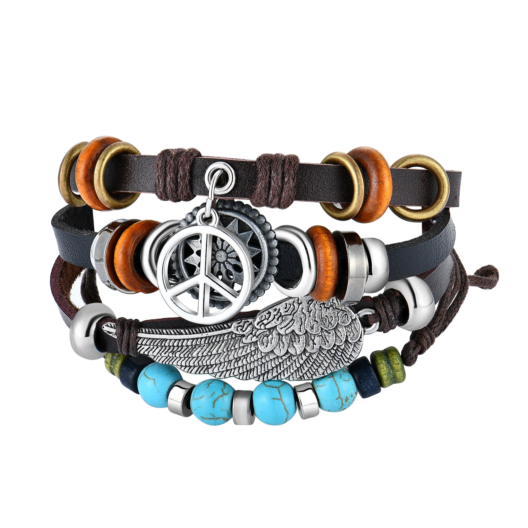 Raymard Mens Bohemian Leather Bracelet Adjustable,Feather/Peace Symbol ...