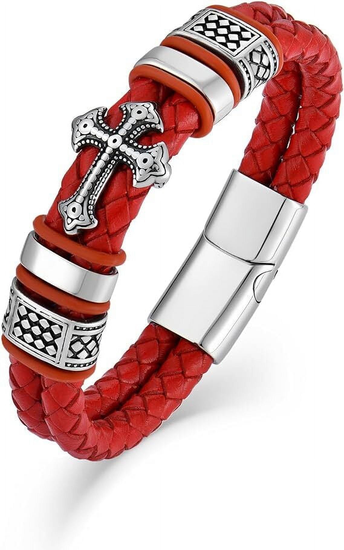 Raymard Mens Christian Cross Double Row Leather Bracelet - 8.1" Red ...