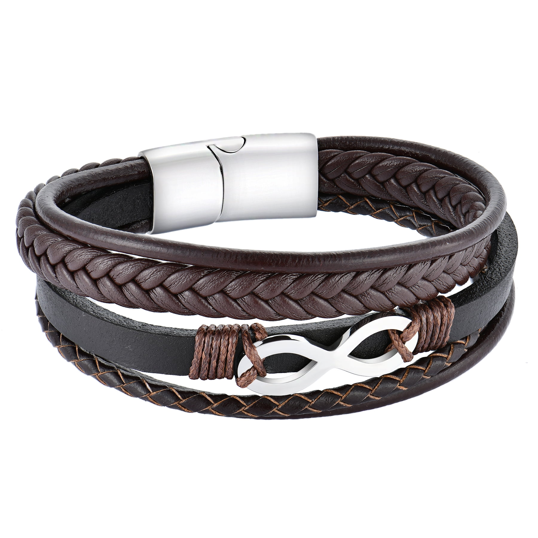 Raymard Mens Infinity 8 Multi-Layer Leather Bracelet,8.5" Brown Braided ...