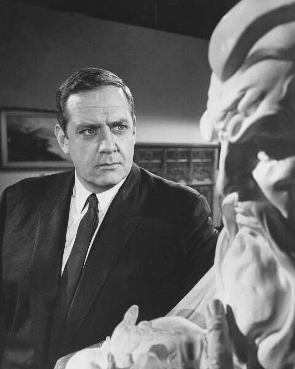 Raymond Burr in dark suit as Perry mason by statue 8x10 inch photo ...