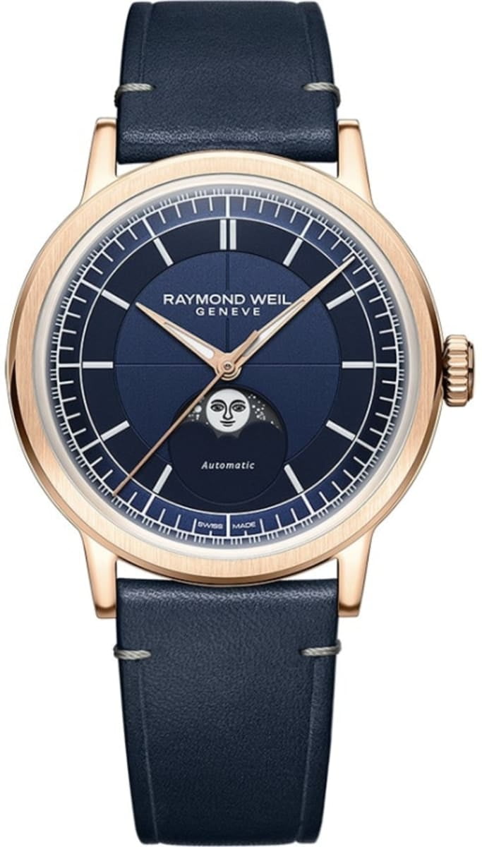 Raymond Weil Millesime Automatic Moon Phase Blue Dial Leather Strap Men's Watch 2945-PC5-50001 ...