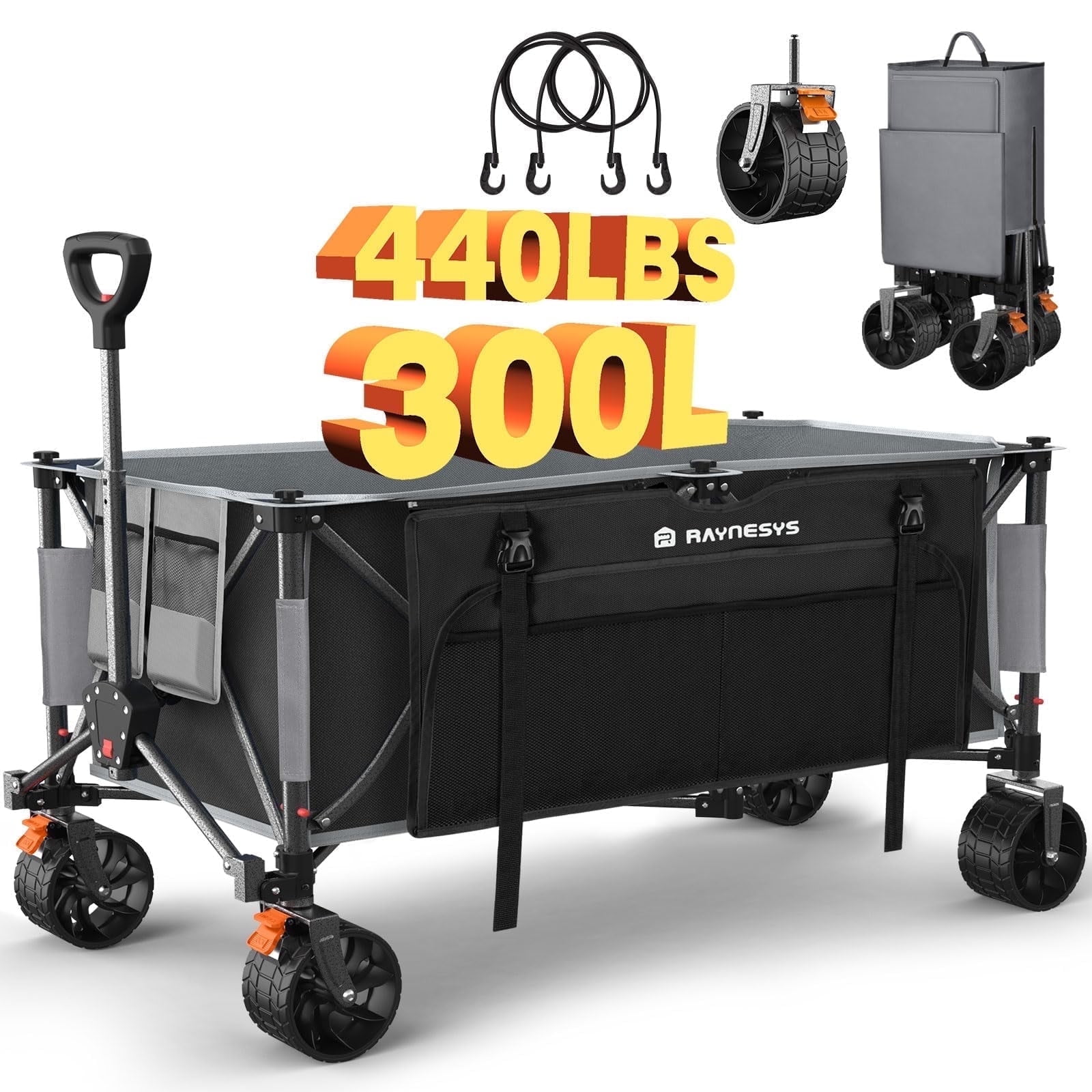 Raynesys Foldable Wagon Cart with Wheels, 440lbs 300L Heavy Duty Beach ...