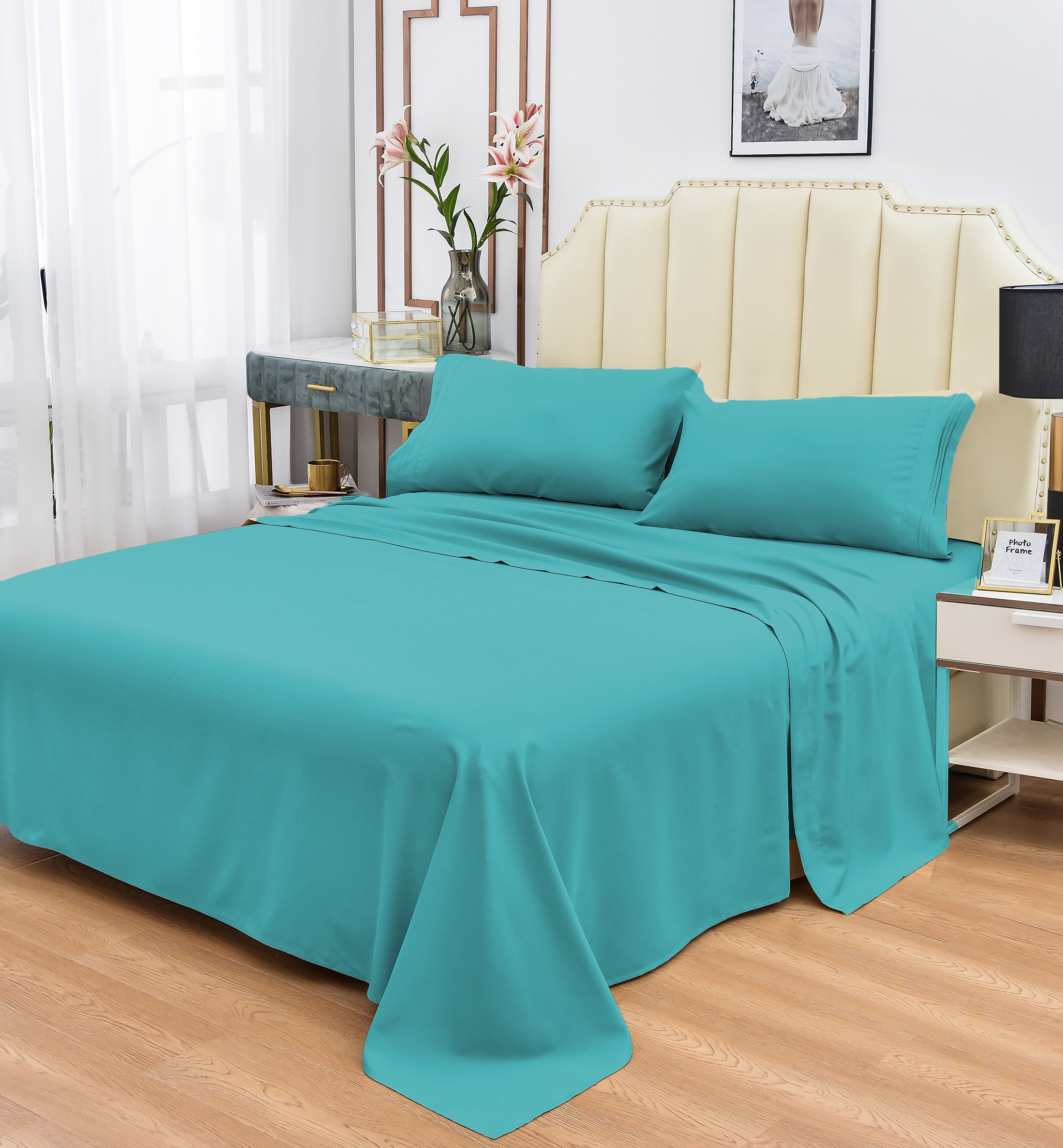 Queen Size Rayon Bamboo Bed Linens Set, Teal, Deep Pocket 4 Piece ...