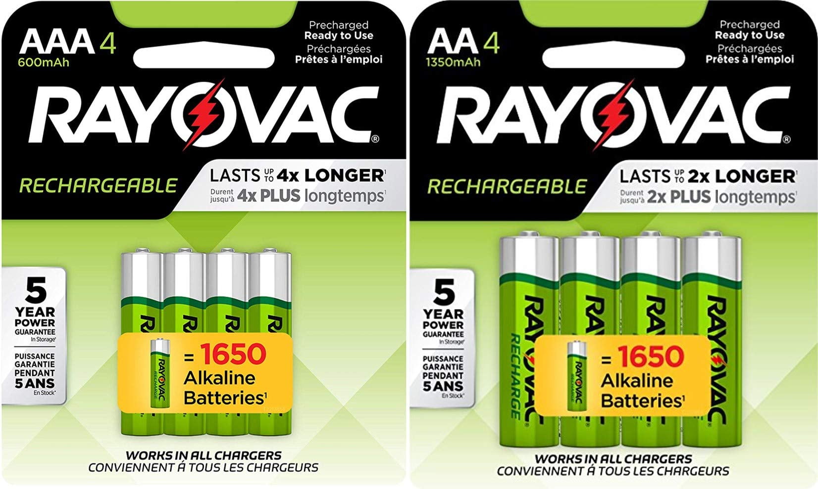 Rayovac Rechargeable NiMH Batteries: 4 AA 1350mAh & 4 AAA 600mAh, Lasts ...