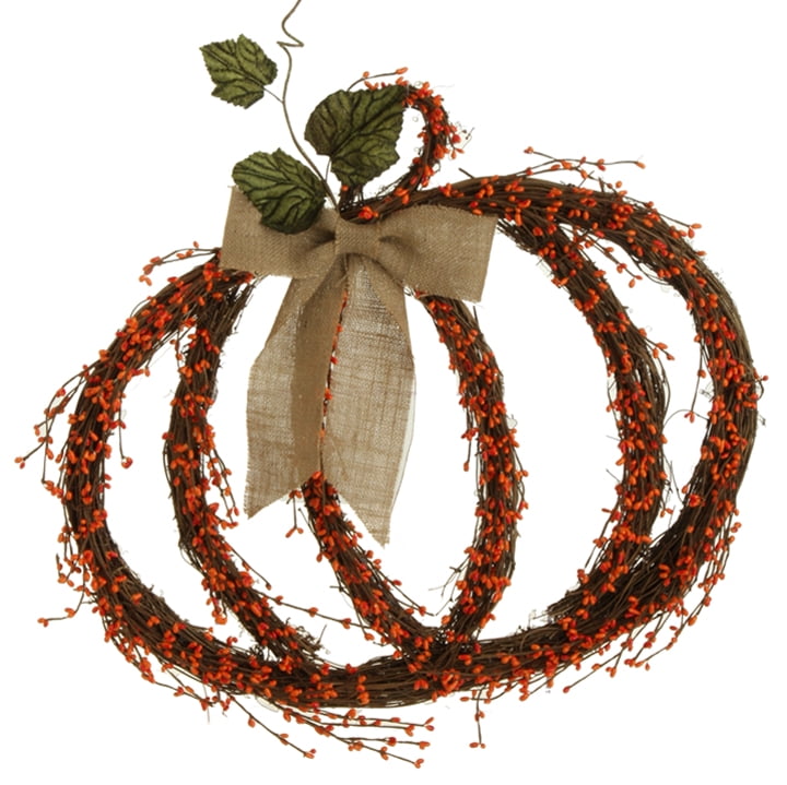 Raz 25" Brown and Orange Twig Pumpkin with Burlap Bow Autumn Wall ...