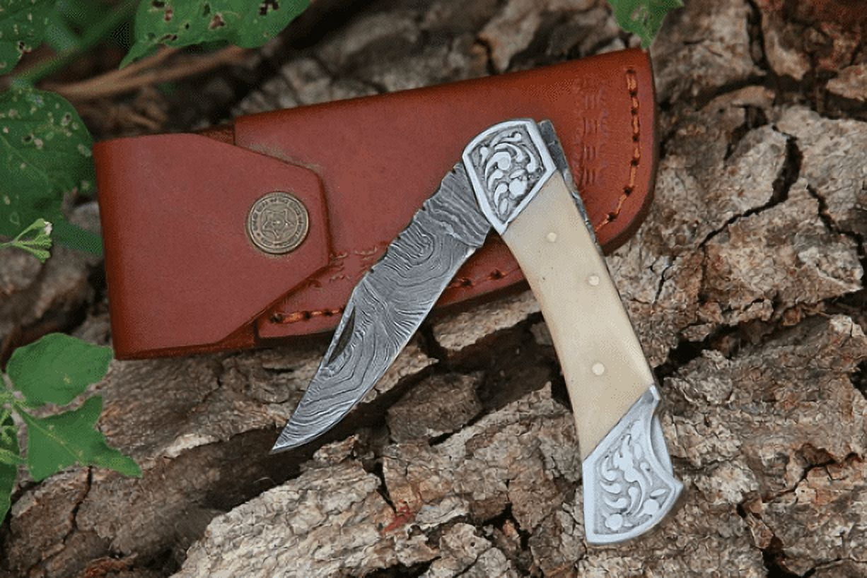 Razor Sharp Damascus Steel Blade Pocket Knife With White Bone Handle ...