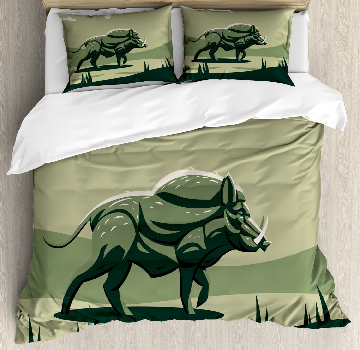 Razorback Duvet Cover Set Queen Size, Green Tone Monochrome Print of ...