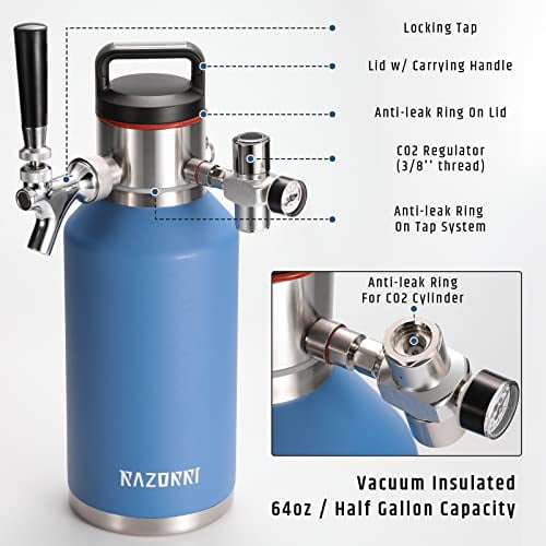 Razorri 64oz Stainless Steel Beer Growler, Double-Wall Vacuum Insulated ...