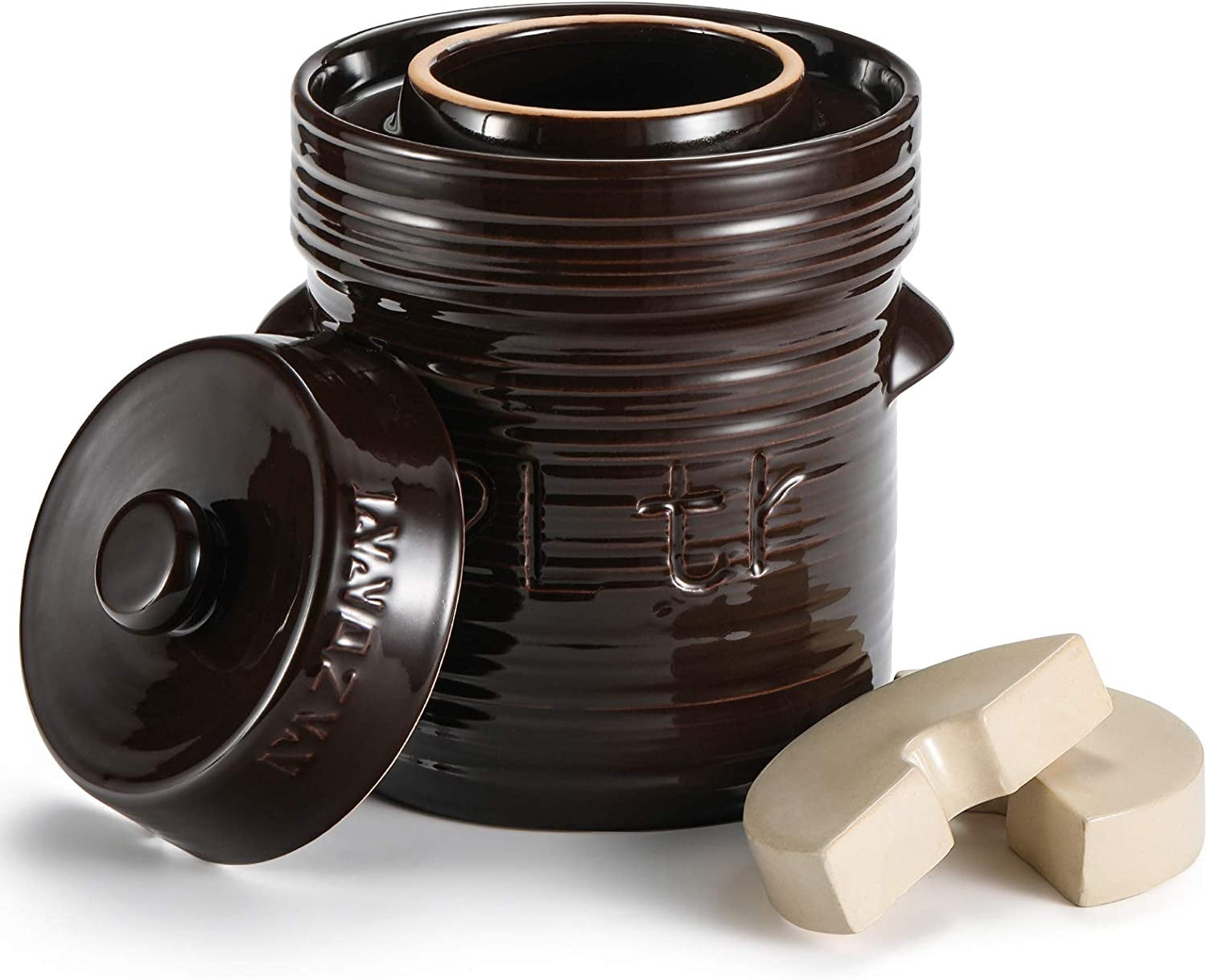 Razorri Comodo Sauerkraut Ceramic Fermentation Crock - 2 Liter (0.5 Gallon) Traditional Water ...