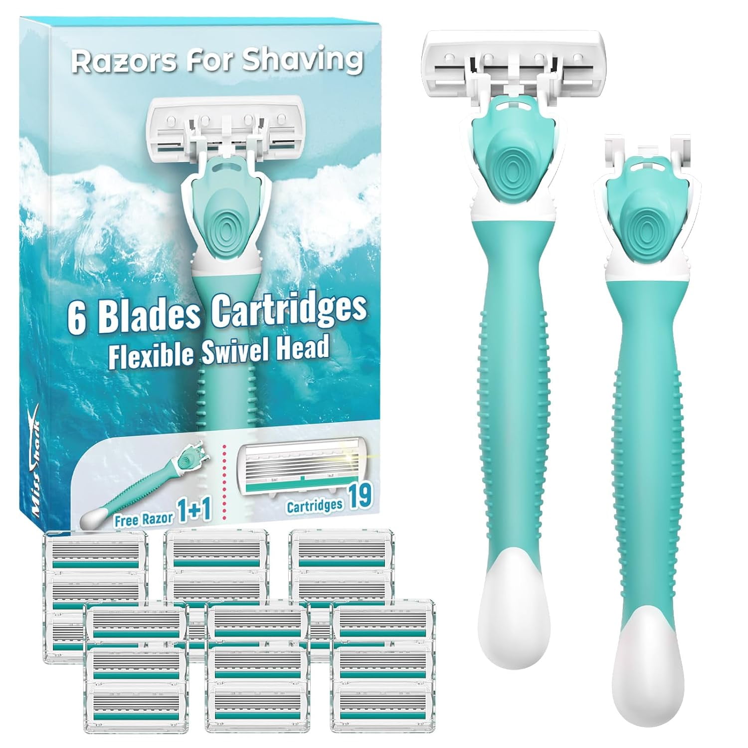 Women's 6-Blade Razors with 2 Handles, 19 Refills, Non-Slip Grip, Travel-Friendly, Green ...