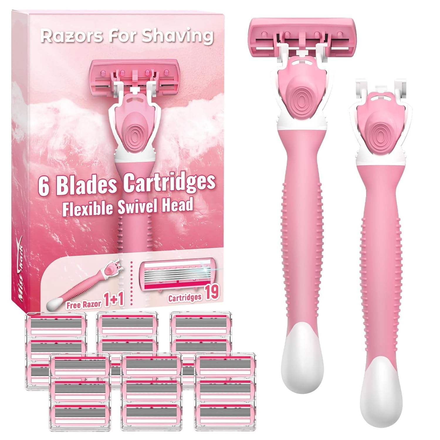 6-Blade Womens Razors with 2 Non-Slip Handles, 19 Refills included, Compact Shaving Kit for ...