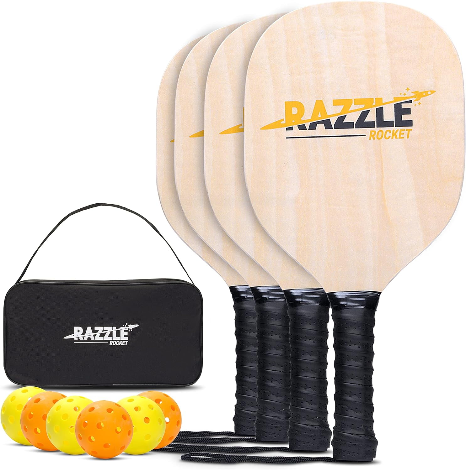 Razzle Rocket Wooden Pickleball Paddle 4 Pack - Includes 4 Paddles, 6 ...
