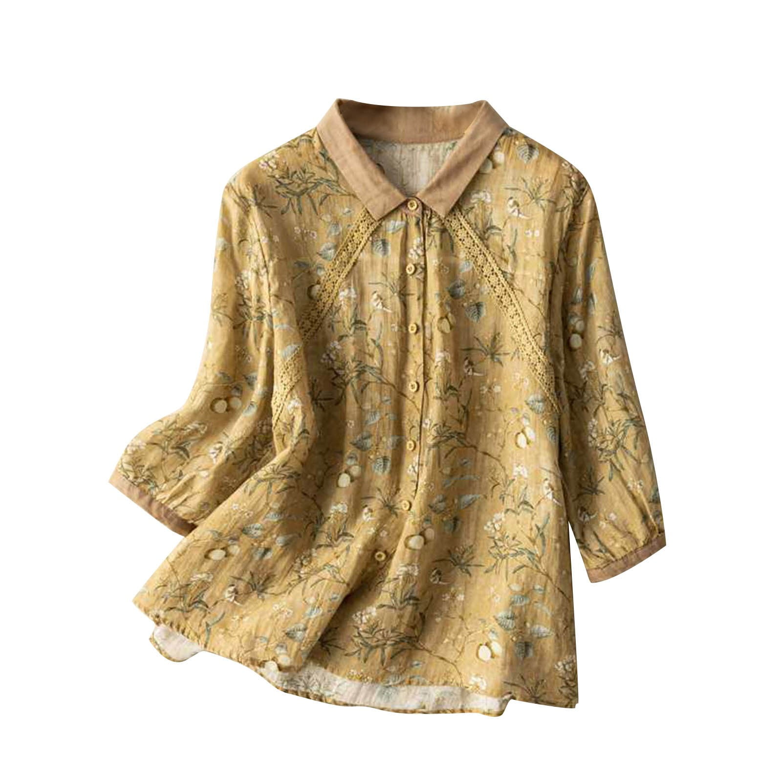 RbCulf 3/4 Sleeve Summer Tops for Womens Cotton Linen Floral Tshirts ...
