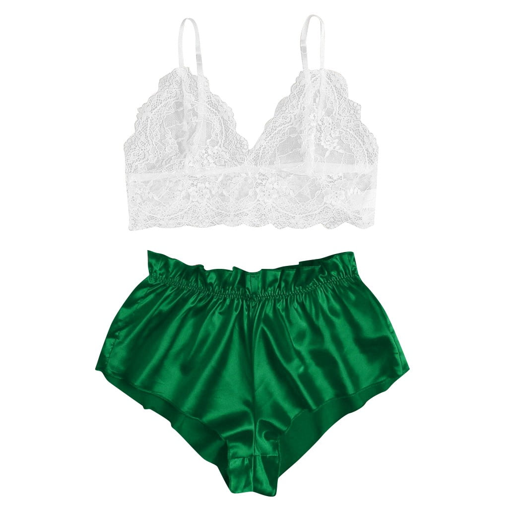 Rbaofujie Womens Sexy Silk Satin Pajamas Sets Lace Trim Tops Shorts