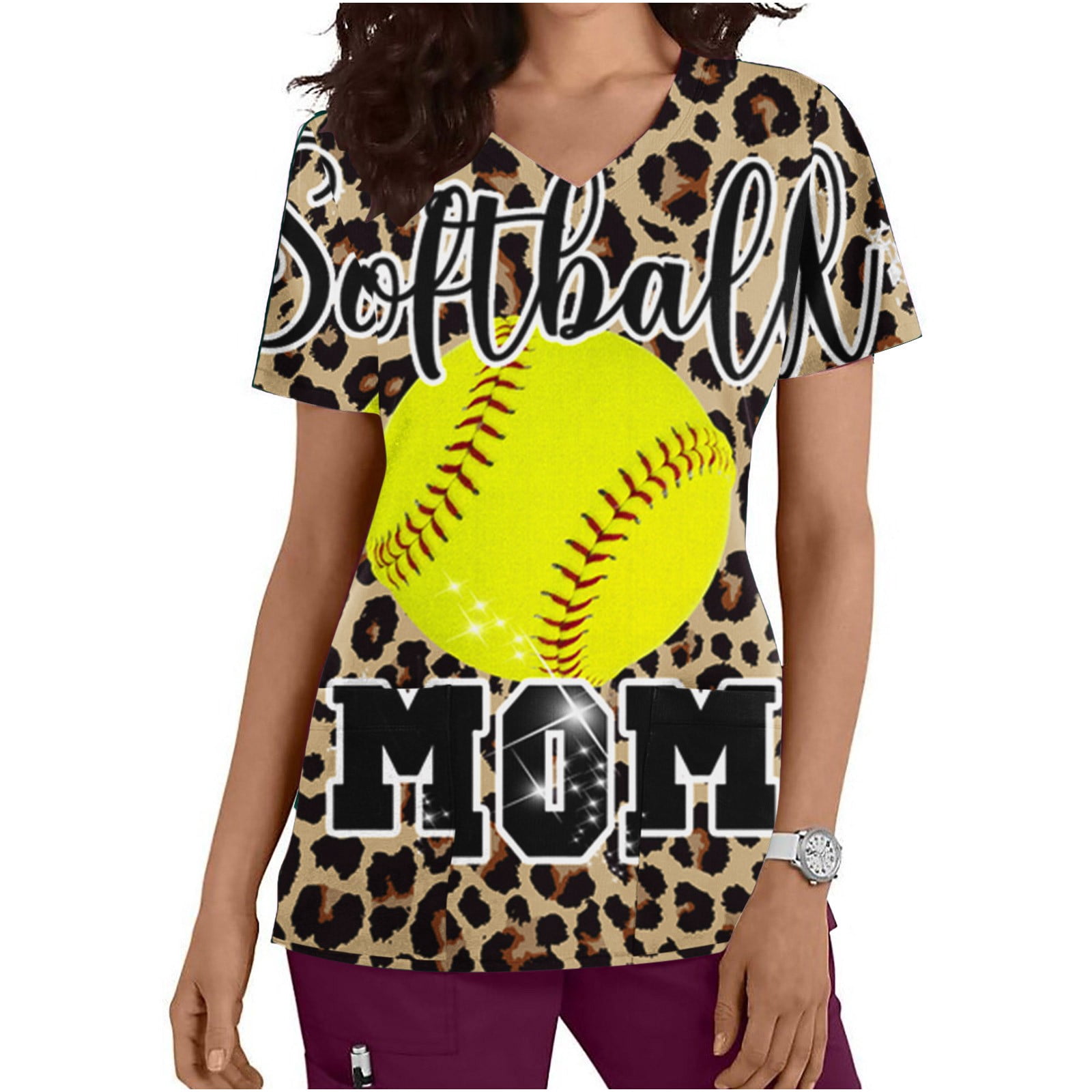 Rciityk Baseball Mom Women's Scrub Tops Mother's Day T-Shirt Short ...