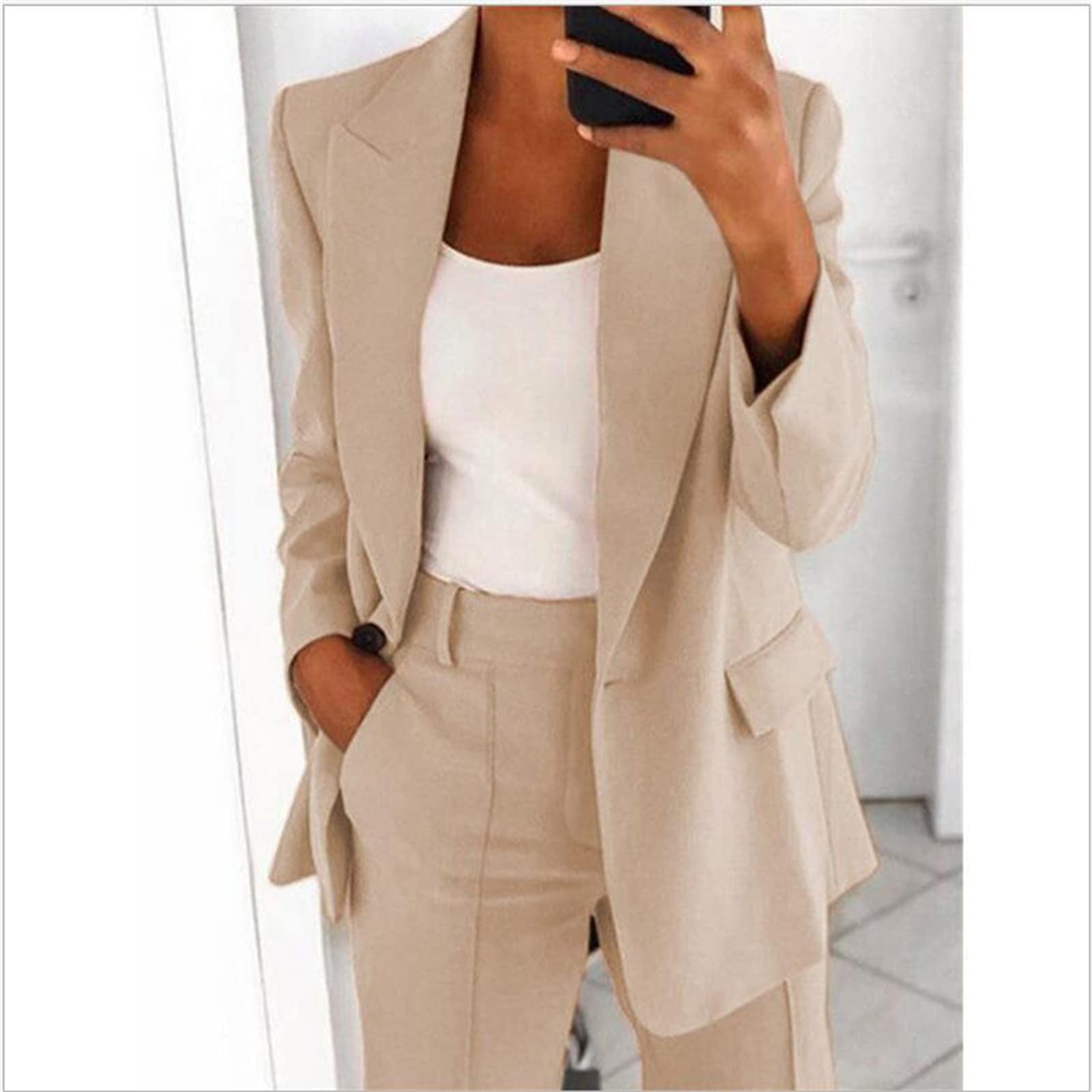 Rciityk Beige Pants Suits for Women 2 Piece Blazer Sets Casual Open ...