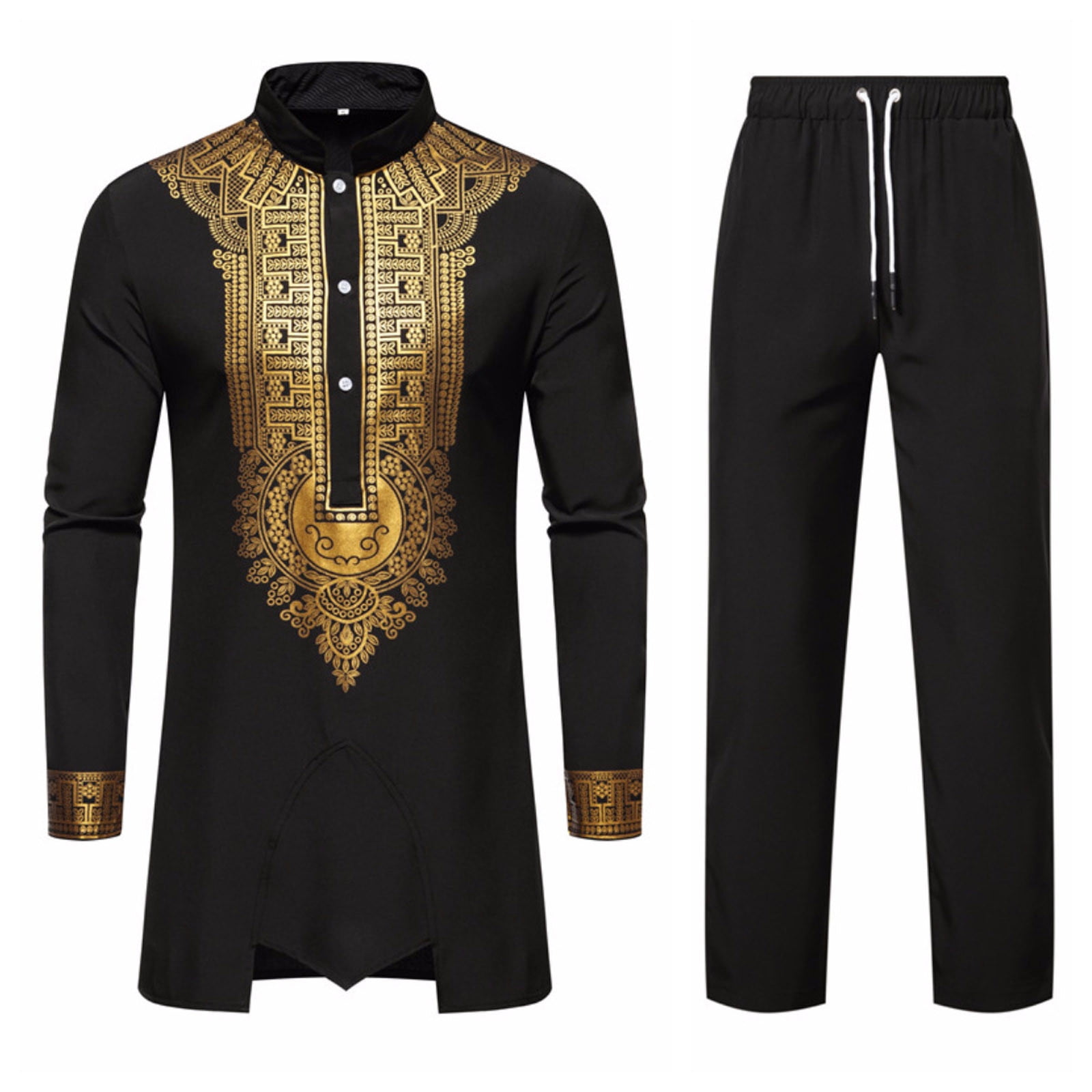 Rciityk Black Men's Africa Suit Long Sleeve Print Dashiki and Pants ...