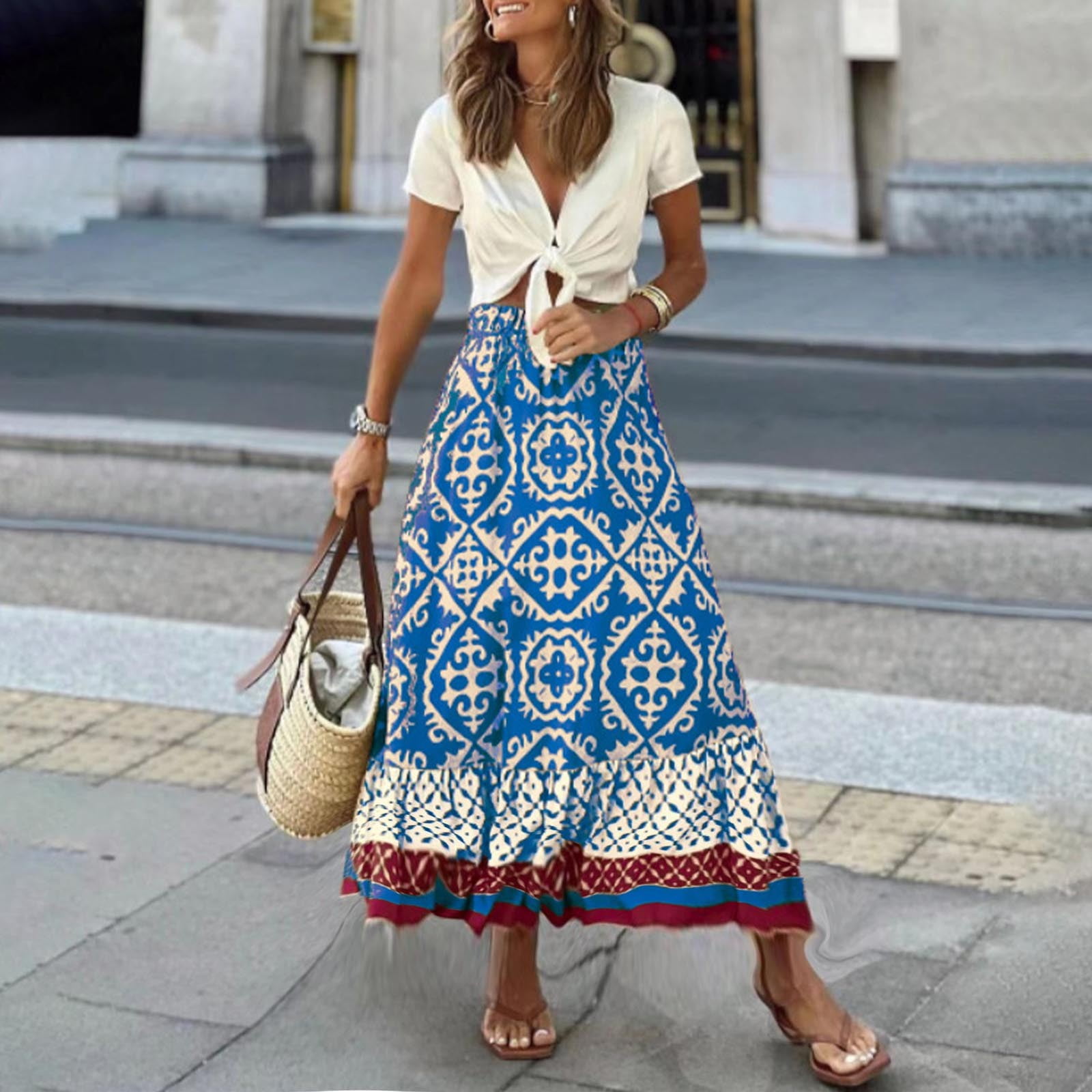 Rciityk Blue Long Skirts for Women Maxi Boho Skirt Print Elastic High ...